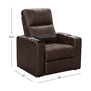 Abbyson Living Rider Powered Reclining Theater Chair - Built in USB/Power Outlet, Cup Holders, Tray/Side Table, Faux Leather Home Theater Chair, Brown