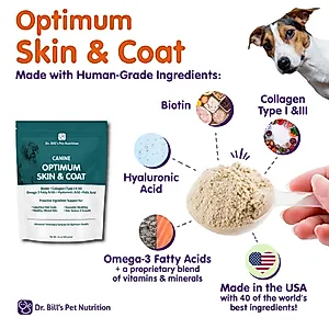 Dr. Bill’s Canine Optimum Skin & Coat (680g) – Fish Oil Omega-3 Fatty Acids Dog Supplement with Biotin, Type I & III Marine Collagen, Hyaluronic Acid & Folic Acid