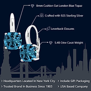 Gem Stone King 5.48 Cttw Natural Genuine London Blue Topaz Earrings In 925 Sterling Silver | Gemstone Birthstone | Cushion Cut 8MM | Dangle Earrings For Women
