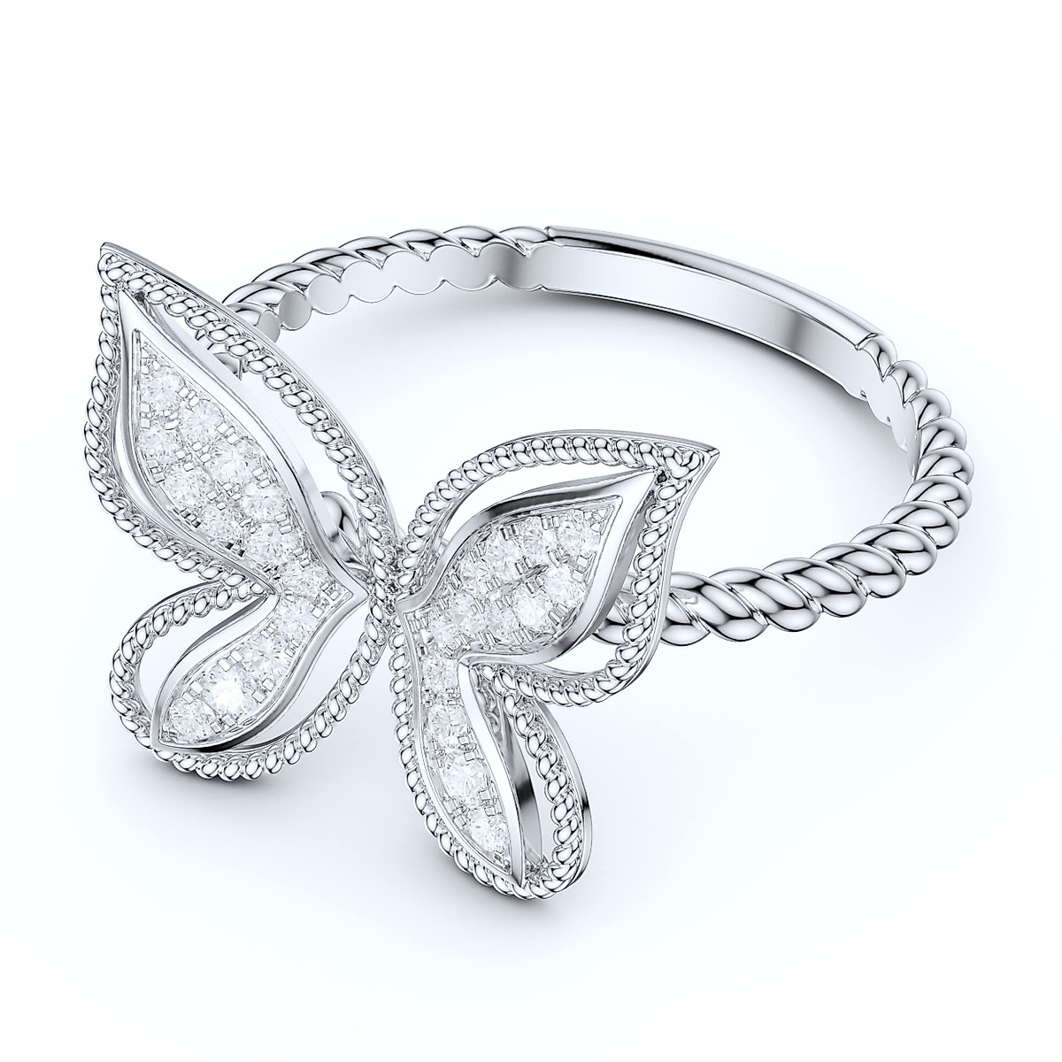 PRSTANI Real 10K White Gold Twisted Rope Shank Round Brilliant Genuine Moissanite Milgrain Butterfly Ring For Women (8)