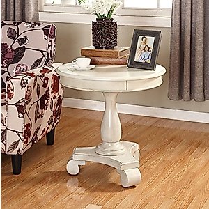 Roundhill Furniture Rene Round Wood Pedestal Side Table, Single, Antique White