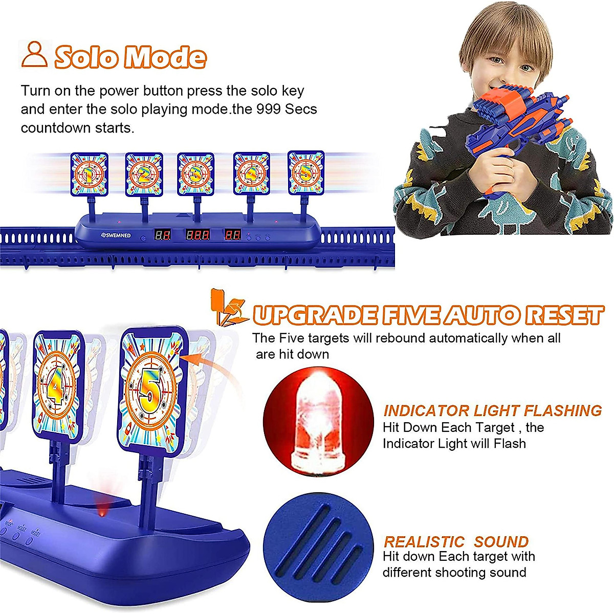 SWEMNED Running Shooting Targets for Nerf Gun Practice,Upgrade 5 Targets Auto Reset /3 Game Mode Electronic Scoring Digital Moving Target, Ideal Gift Toy for Age 6,7,8,9,10,12,13+ Year Old Kid/Boys