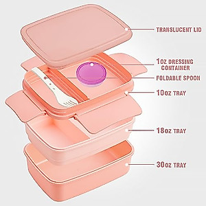 Freshmage Stackable Bento Box Adult Lunch Box with 5 Compartments, Premium All-in-One Leak-Proof Bento Lunch Box With Spoon, 1 oz Dressing Container for Work, Camping, Picnic (Pink)