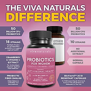 Viva Naturals Probiotics for Gut Health with Prebiotic Fiber, Cranberry & Vitamin C-50 Billion CFU Pre & Probiotics for Women Digestive Health, Vaginal Health from 18 Strains-Shelf-Stable 60 Capsules