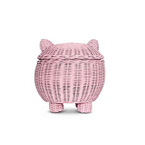 G6 COLLECTION Pig Rattan Storage Basket with Lid Decorative Bin Home Decor Hand Woven Shelf Organizer Cute Handmade Handcrafted Nursery Gift Animal Decoration Artwork Wicker Pink Piggy (Large)