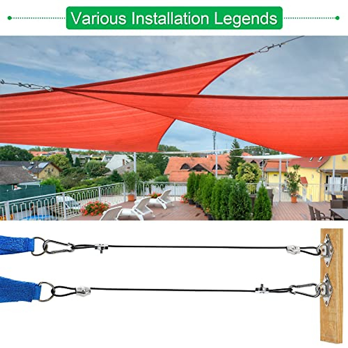 Shade Sails Installation Kits,Sun Shade Sail Hardware Kit with 4pcs 10ft Length Extension Nylon Wire Rope,Shades Awning Kit for Triangle Rectangle Shade Canopy,304 Stainless Steel, Patio Outdoor