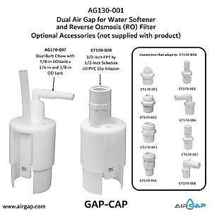 Dual Air Gap for Water Softener and Reverse Osmosis with 5/8 or 1/2-inch and 3/8 or 1/4-inch inlets, 1-1/2 or 2-inch Standpipe (8500, GAP-CAP, AG130-001)