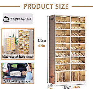 9-Tier Foldable Shoe Rack Organizer for Closet with Wheels, 36-40 Pairs Collapsible Shoe Storage Cabinet with Lids and Magnetic Clear Door, Large Capacity Stackable Shoes Boxes Shelf for Entryway