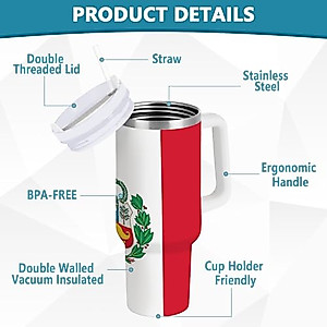 40 Oz Peru State Flag Stainless Steel Tumbler with Straw and Handle Fall Insulated Tumbler