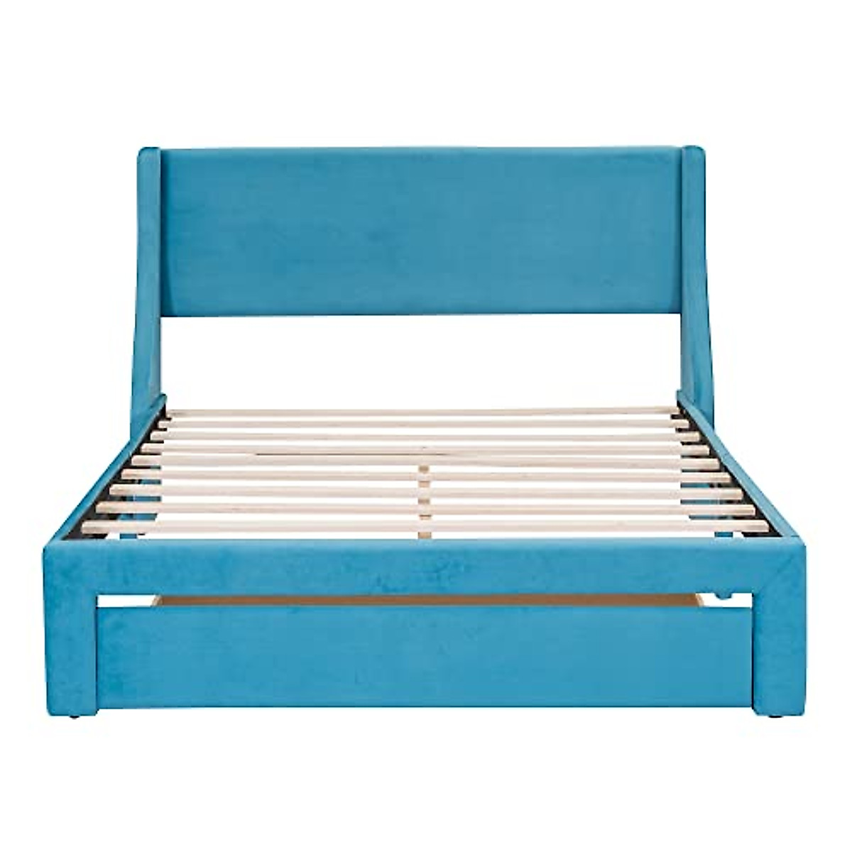 HBRR Queen Size Bed Frame with Drawer and Headboard, Velvet Upholstered Platform Bed with Wood Slats, Mattress Foundation, No Box Spring Needed, Easy Assembly, Blue
