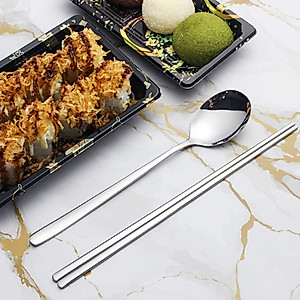 JUCOXO Stainless Steel Chopsticks and Spoons Set of 3, Korean Spoons and Chopsticks Set, Reusable Metal Long Handle chopsticks Spoon Set