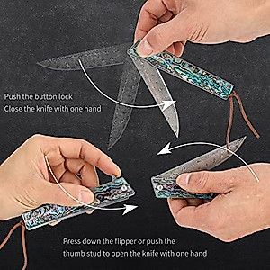 STANBIK Damascus Pocket Knife with Sheath,Abalone Shell Handle With 3.54" Damascu Blade,EDC Folding Knives for Camping Fishing Hiking Outdoor Work.