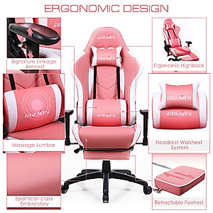 Dowinx Gaming Chair with Footrest Ergonomic Racing Style Recliner with Massage Lumbar Support, Office Armchair for Computer PU Leather E-Sports Gamer Chair High Back Pink