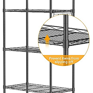Homdox 6-Tier Storage Shelf Wire Shelving Unit Free Standing Rack Organization Adjustable Leveling Feet, Stainless Side Hooks, Black