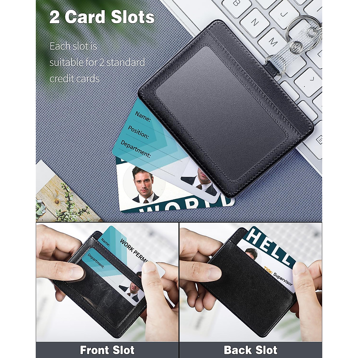 Uniclife Horizontal Leather ID Badge Holder and Retractable Adjustable Lanyard Breakaway Neck Lanyard with Retractable Badge Reel Quick-Release Buckle and Card Protector for Workers Students Employees