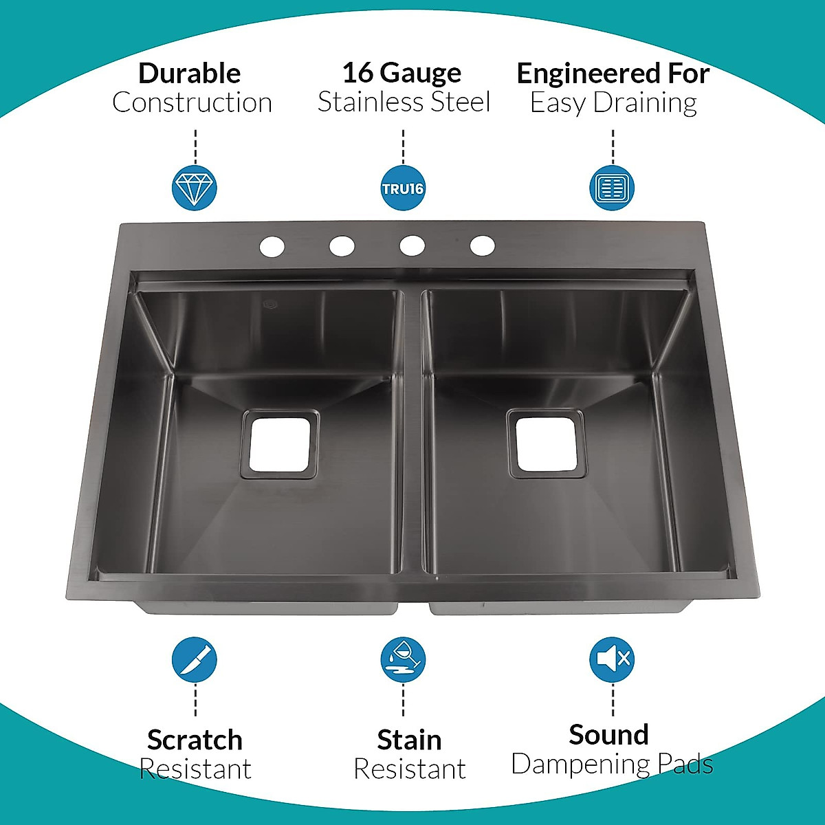Strictly Sinks 33 inch Topmount Kitchen Workstation Sink Gunmetal Black 5050 Double Bowl 16 Gauge Stainless Steel Drop In Scratch, Stain Resistant Colander, Cutting Board & Bottom Protector Grid