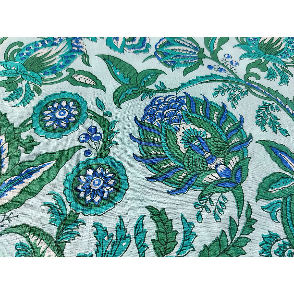 Craftbot Hand Block Print Fabric by The Yard - PRECUT 3 Yards 42 inch Width - 100% Cotton Material - Green Floral Pattern - Light Weight Indian Cloth for Making Kurti Summer Dress Salwar Kameez etc