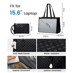 LOVEVOOK Lunch Tote Bag for Women, 15.6 Inch Laptop Bag with Insulated Lunch Compartment, Quilted Large Capacity Computer Handbag with Purse for Business, Work, Nurse, Office, Collage, Casual, Black