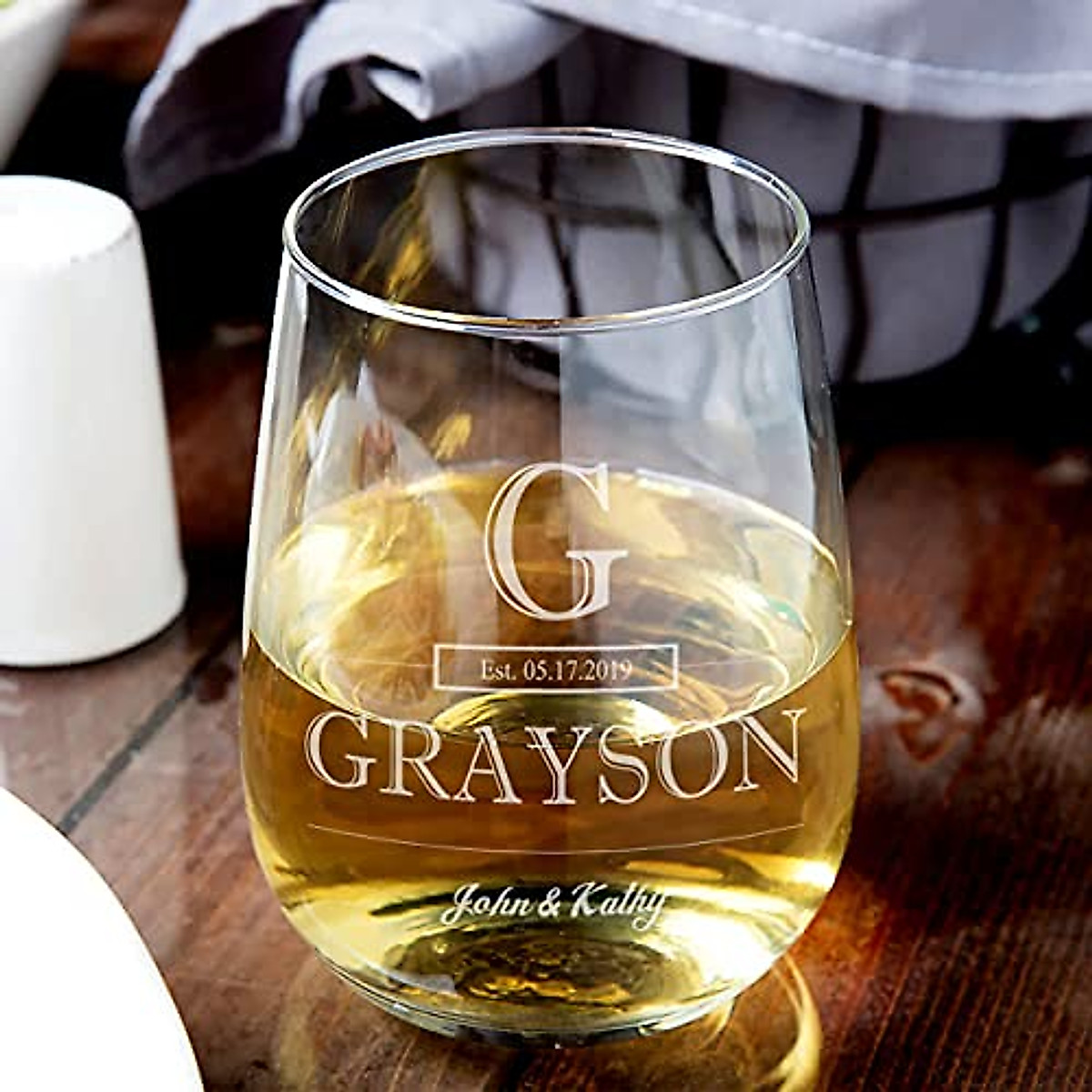 Personalized Wedding Wine Glass, Premium 21oz Stemless Wine Glass Laser Engraved with your Wedding or Anniversary Information! Customized Gifts for Women Anniversary Gifts or Couples Gifts