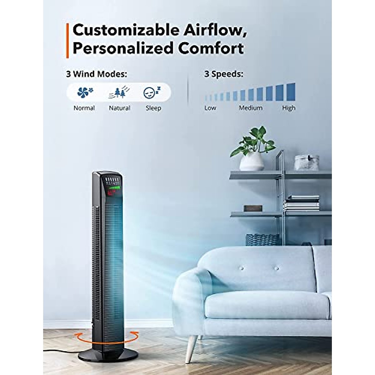 Tower Fan, 35” Oscillating Cooling Fan with 3 Speeds & 3 Modes, Auto Mode, Remote Control, LED Display, 12-Hour Timer, Portable Stand Up Floor Bladeless Fan for Bedrooms, Living Rooms, Kitchen, Offices