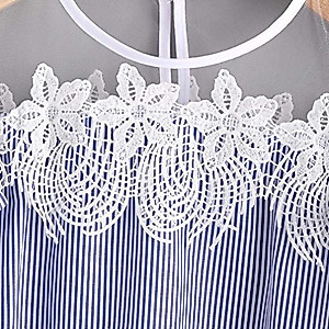 FORUU 2020 Warehouse Product Women Short Sleeve Off Shoulder Lace Striped Blouse Casual Tops T-Shirt Chiffon Summer Best for Mother Girlfriend Wife Daughter Wife Ladies Cute Newest Arrivals Blue