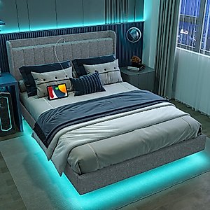 Saudism Full Size Upholstered Bed Frame, Floating Bed Frame with Wingback Storage Headboard, Type-C & USB Ports, LED Lights, Solid Wood Slats Support, No Box Spring Needed, Noise-Free, Light Grey