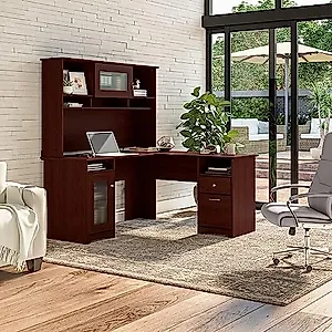 Bush Furniture Cabot Desk with Hutch | Corner with Storage for Home Office | L Shaped Computer, 60W, Harvest Cherry