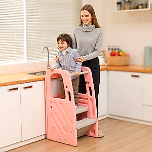 SDADI PLT01PK Children's Plastic Learning Step Stool with 3 Adjustable Heights, 150 Pound Capacity, Built-in Storage, and Non-Skid Rubber Feet, Pink