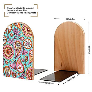 2 Pack Wood Bookends,Paisley Floral Decorative Book Ends Support for Shelves Desktop Organizer Wooden Bookshelf for Home School Office