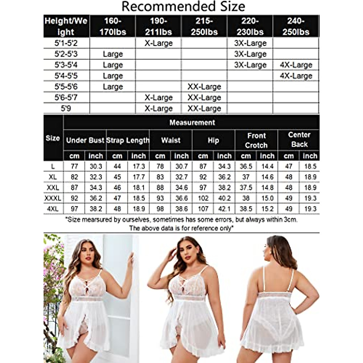 Avidlove Plus Size Lingerie Women Lace Mesh Babydoll Sexy Chemise Curvy Women V Neck Ruffle Nighty(White,XXL)