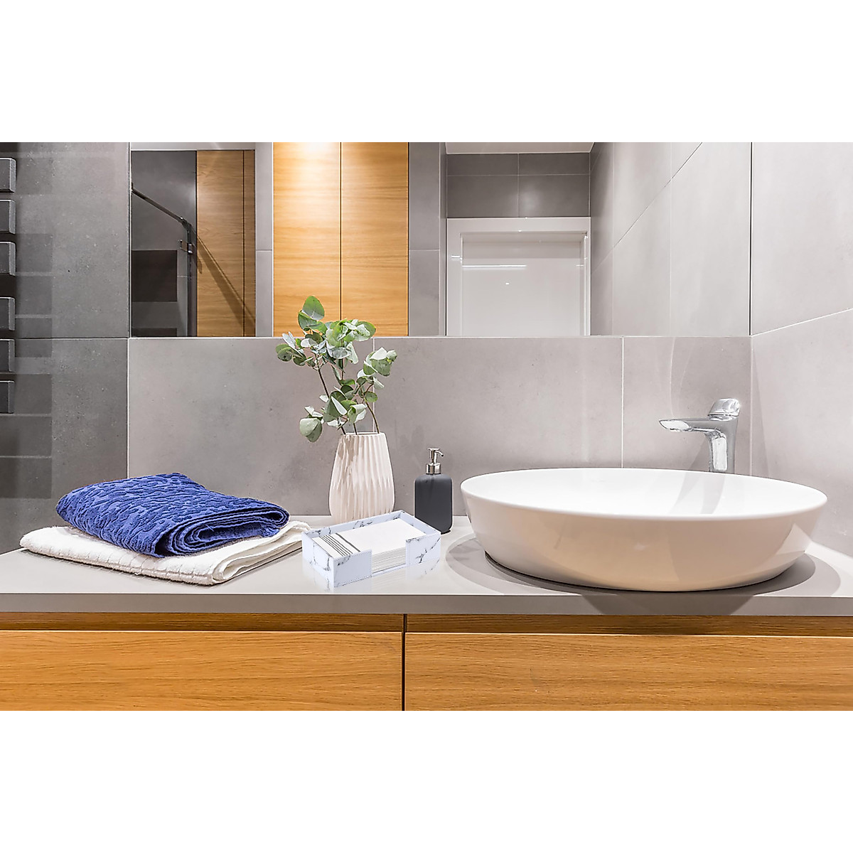 Sumnacon Rectangle Napkin Holder for Dinner Table Kitchen Contertop, Stylish Leather Guest Towel Holder for Bathroom Vanity, Decorative Basket for Tissue Paper Hand Towel Storage, Marble White