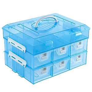 MyGift 11 Inch Sky Blue Transparent Arts and Crafts Sewing Supplies Storage Organizer Case with White Accents, 24 Customizable Compartments, 6 Drawers Removable Dividers