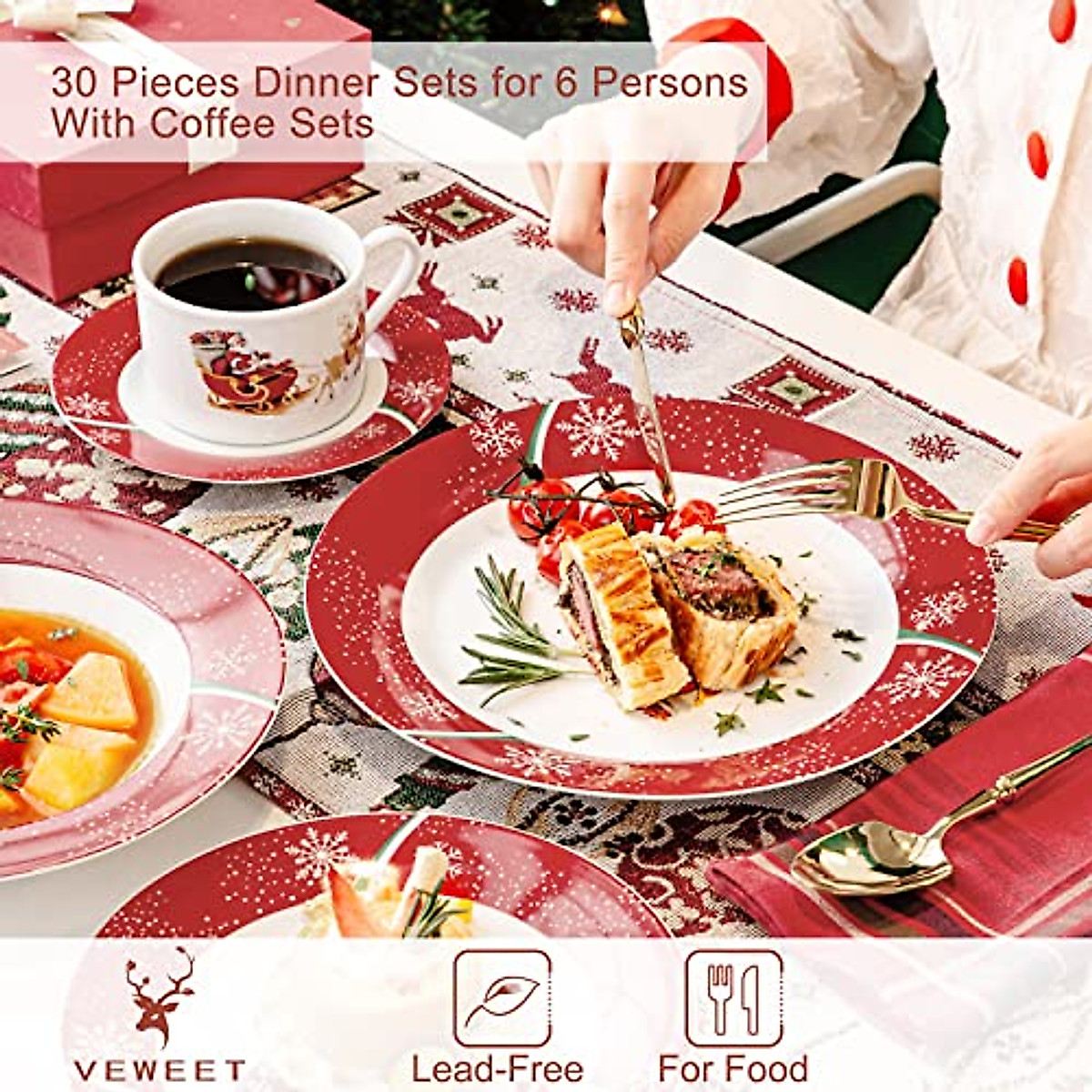 VEWEET Christmas Dinner Set for 6, 30 Piece Ceramic Christmas Dishes, Christmas Deer Plate Sets with Dinner Plate, Dessert Plate, Soup Plate, Cup, Saucer, Service for 6, Christmas Deer Series