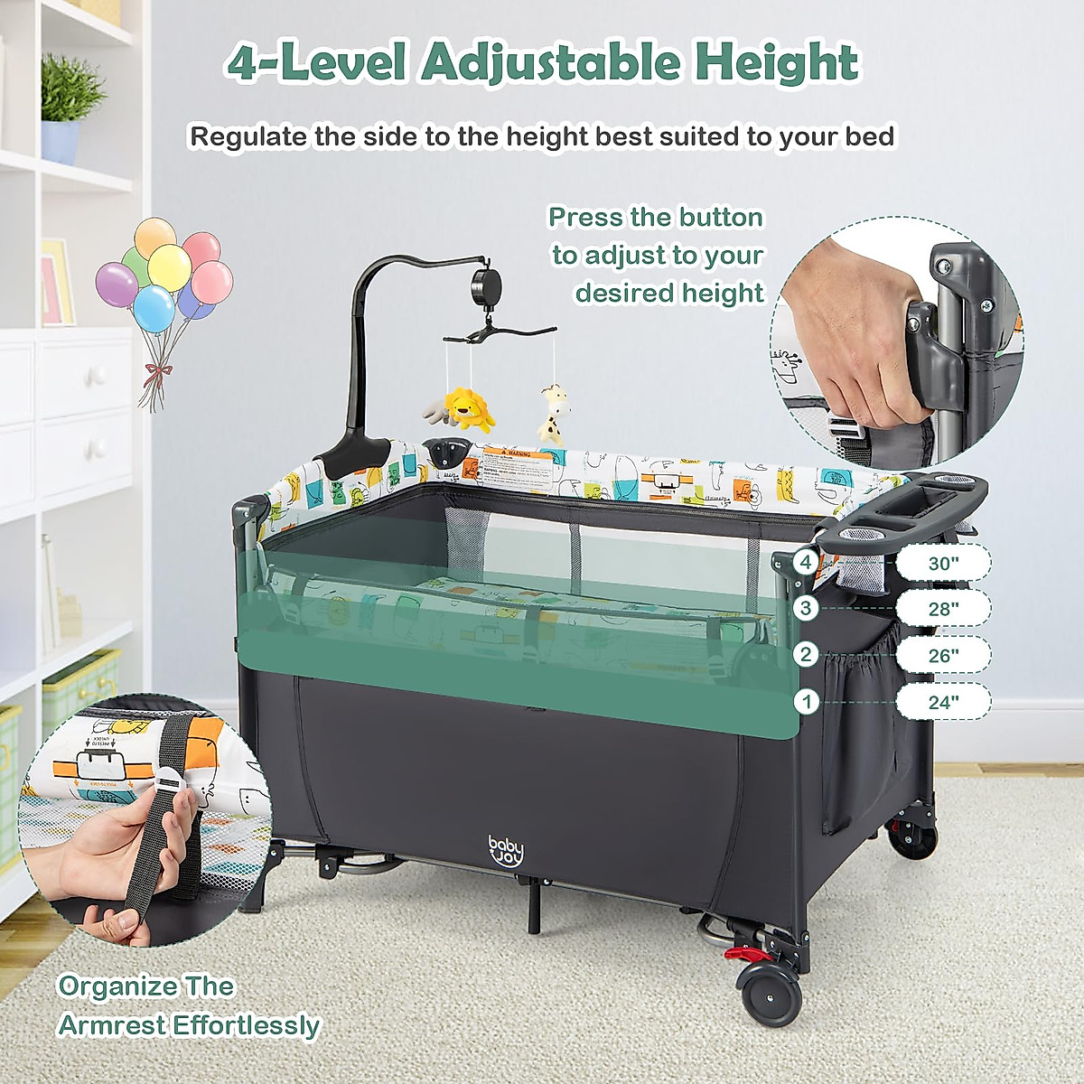 BABY JOY 5-in-1 Pack and Play, Baby Bedside Sleeper with Bassinet, Multifunction Bedside Crib from Newborn to Toddlers, U-Shaped Diaper Changer, Playard, Safety Strap, Music Box & Hanging Toys