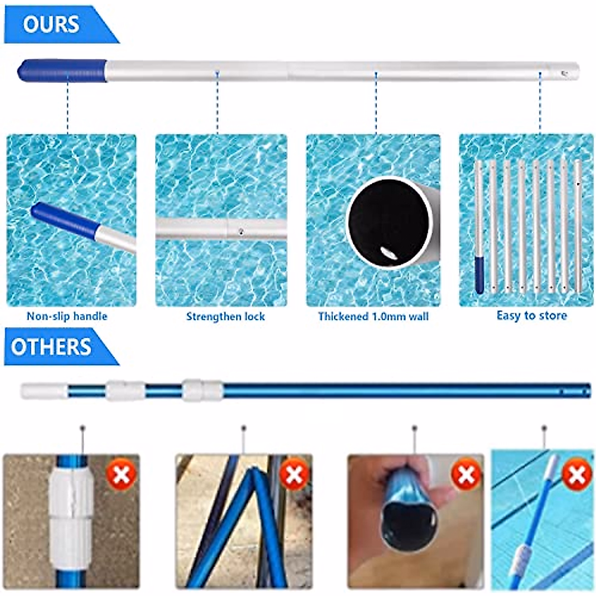 POOLWHALE 10.5 Foot Premium Aluminum Telescopic Swimming Pool Pole, Special Stripes Texture Strong Grip, Adjustable 8 Pieces 1.0 mm Expandable Step-Up, for Skimmer Nets, Vacuum Heads and Brushes