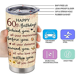 RipGlim 60th Birthday Gifts for Women, Tumbler Gifts for 60 Year Old Women, 60th Birthday Gifts Ideas Cup, 60th Birthday Decorations Women, Happy 60th Birthday Gifts Mug-20oz
