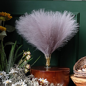 Faux Pampas Grass 6 Stems Small Artificial Pampas Grass 18'' No-Shedding Short Fake Pampas Grass Pompass Fluffy Plants Boho Decor for Centrepiece Living Room Home Office Wedding, No Vase (Grey)