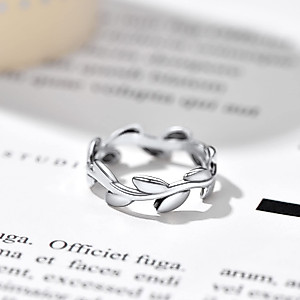 FOCALOOK Womens Vintage 925 Sterling Silver Ring Platinum Plated Olive Leaf Branch Flower Vine Promise Stacking Band Ring (Size 6)