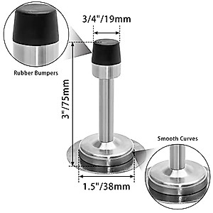 Suiwotin 2pcs 3 Inch Door Stops, Stainless Steel Wall Mount Screw Doorstop with Rubber Bumper, Self Adhesive Sound Dampening Door Stopper (Brushed Silver)