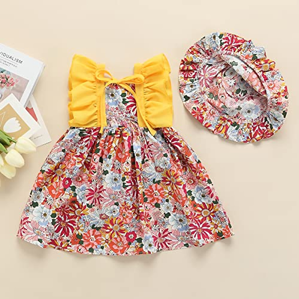 Toddler Infant Girl Flower Dress + Sun Hat 2Pcs Summer Boho Floral Ruffle Sleeve Tutu Dresses Baby Clothes Set (12-18 Months, Yellow)