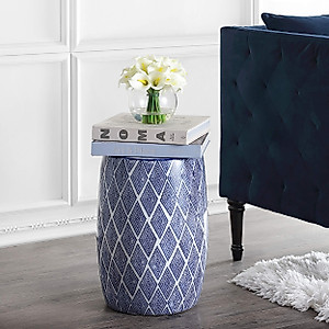 JONATHAN Y TBL1019A Moroccan Diamonds 18" Ceramic Drum Garden Stool, Coastal, Contemporary, Transitional, Side Table, Plant Stand, Spill-Proof, Living Room, Garden Room, Patio, Blue/White