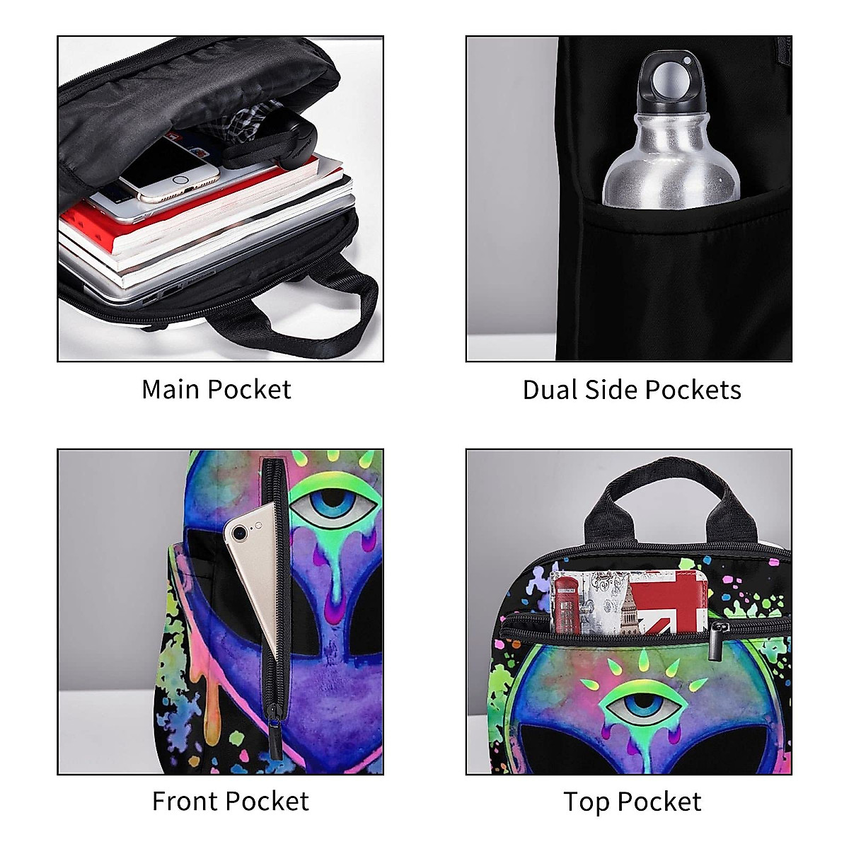 SWEET TANG Durable Polyester Backpack Alien Trippy Painting Travel Hiking Daypack - Big Capacity Multipurpose Business Anti-Theft Bookbag for Men Women Girls Boys
