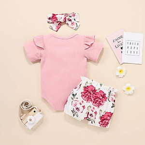 Chyrbaby Infant Baby Girl Clothes Newborn Girls Outfit Ruffle Romper Ribbed Bodysuit Floral Pants Set With Headband…