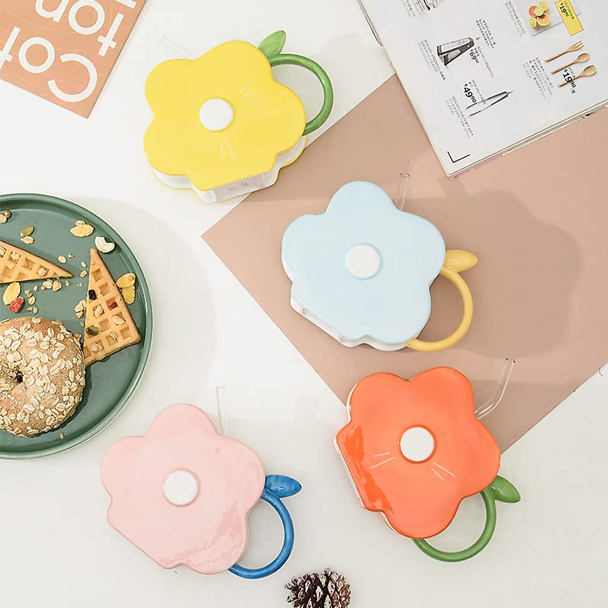 berjaya 13 oz Flower Shaped Ceramic Mug with Straw and Lid Large Capacity Coffee Home Decoration Gift (yellow)