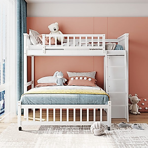 Bellemave Twin Over Full Bunk Bed with Storage 6 Drawers Cabinet and 3 Shelves Bookcase Wood Loft Beds Frame Size Platform Wheels Mordern Bunked for Kids Boys Girls Teens, White