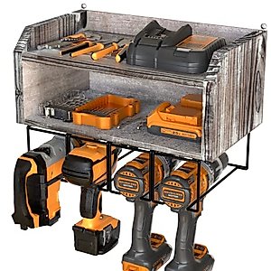 J JACKCUBE DESIGN Power Tool Organizer and Storage, Drill Holder Wall Mount Charging Station Garage Storage Cabinets - MK681A (Rustic Wood)