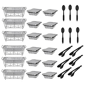 ROVSUN Chafing Dish Buffet Set Disposable, Buffet Servers and Warmers, Food Warmer for Parties Buffets, 48 Pieces Catering Set, Includes Full-Size Wire Chafer Stand, Disposable Pans & Utensils