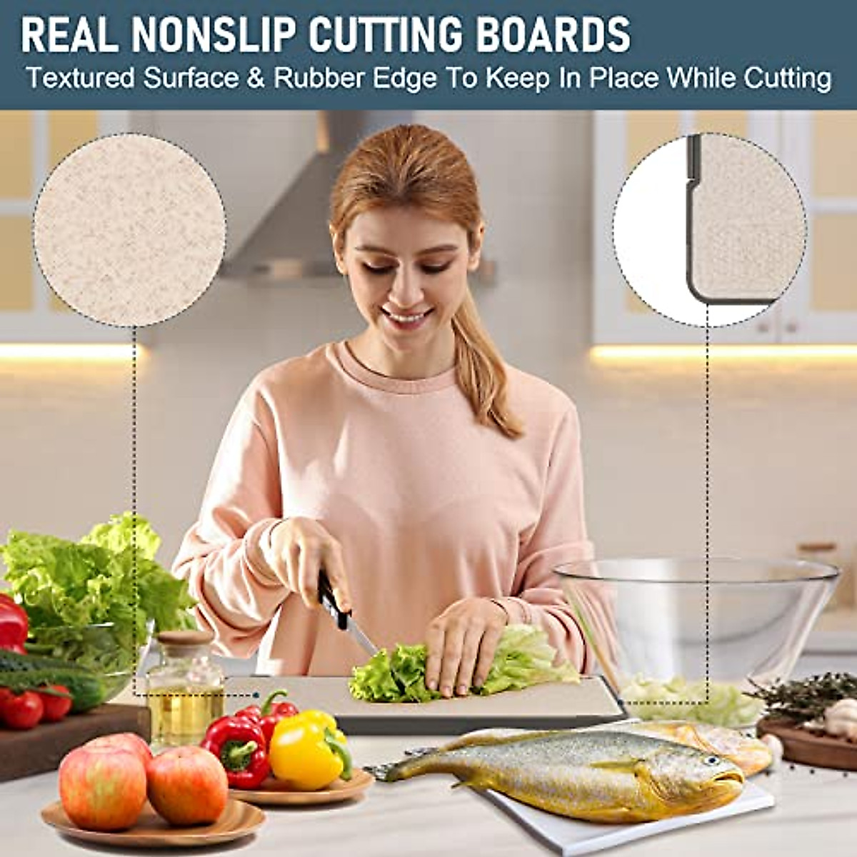BSSuperU Plastic Cutting Boards for Kitchen with Ridge, Multifunctional Non Slip Upright Chopping Board with Juice Groove and Build in Sharpener Grater
