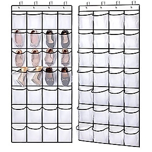 REGELETO 28 Pocket Over the Door Shoe Organzier, Hanging Shoe Rack for Door Large Capacity Shoe Organizer Holder with 4 Metal Hooks (White-2Pack)