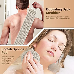 Suntee Exfoliating Back Scrubber & Exfoliating Sponge Pad Set for Shower, Bath Shower Scrubber for Men and Women, Luffa Scrubber to Deep Clean Relax Your Body (36.5'' Length 4.5'' Width)
